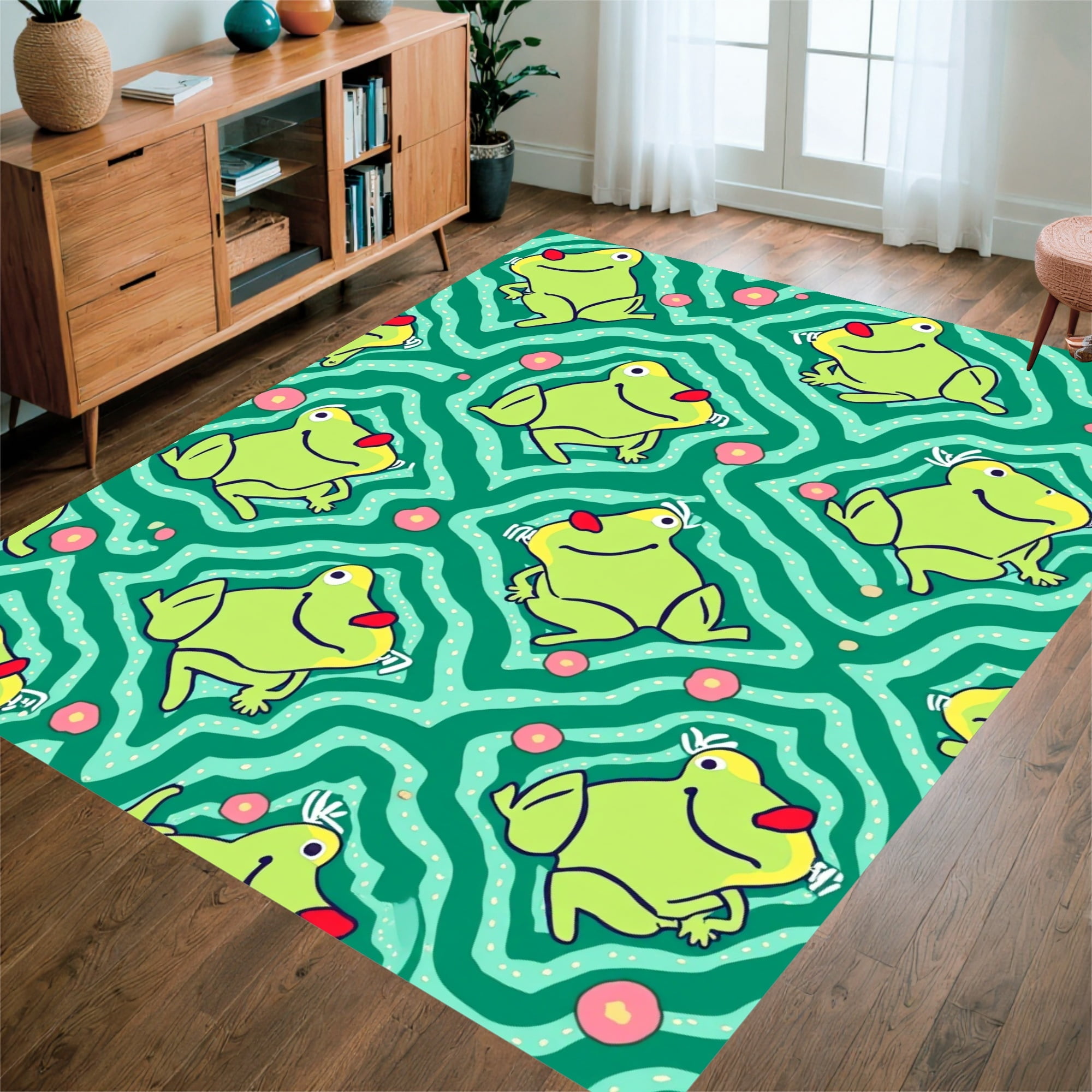 Flatwoven High Traffic Area Rug, Kawaii Amphibian Motif with Splashy ...