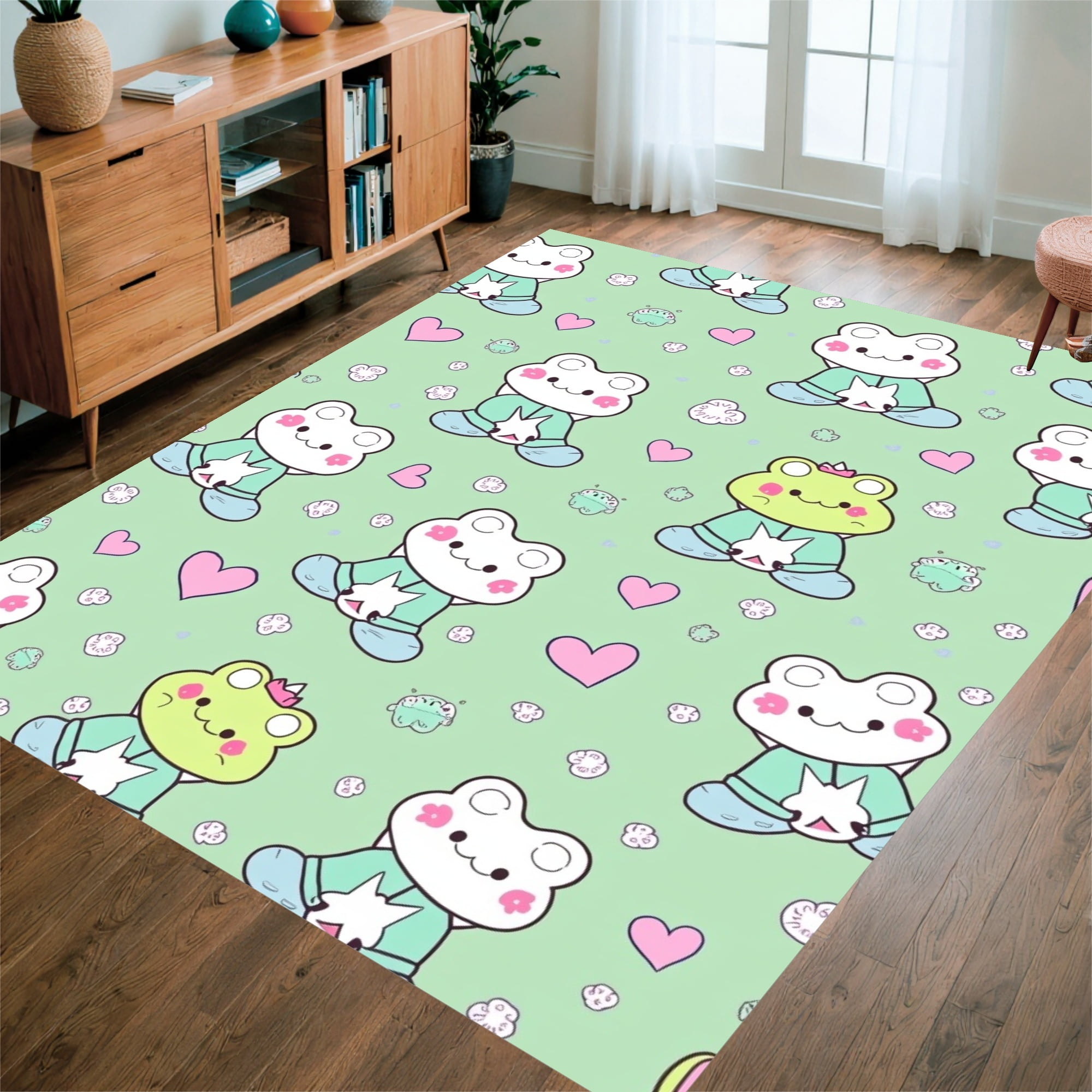 Flatwoven High Traffic Area Rug, Kawaii Frog Faces and Floating Hearts ...