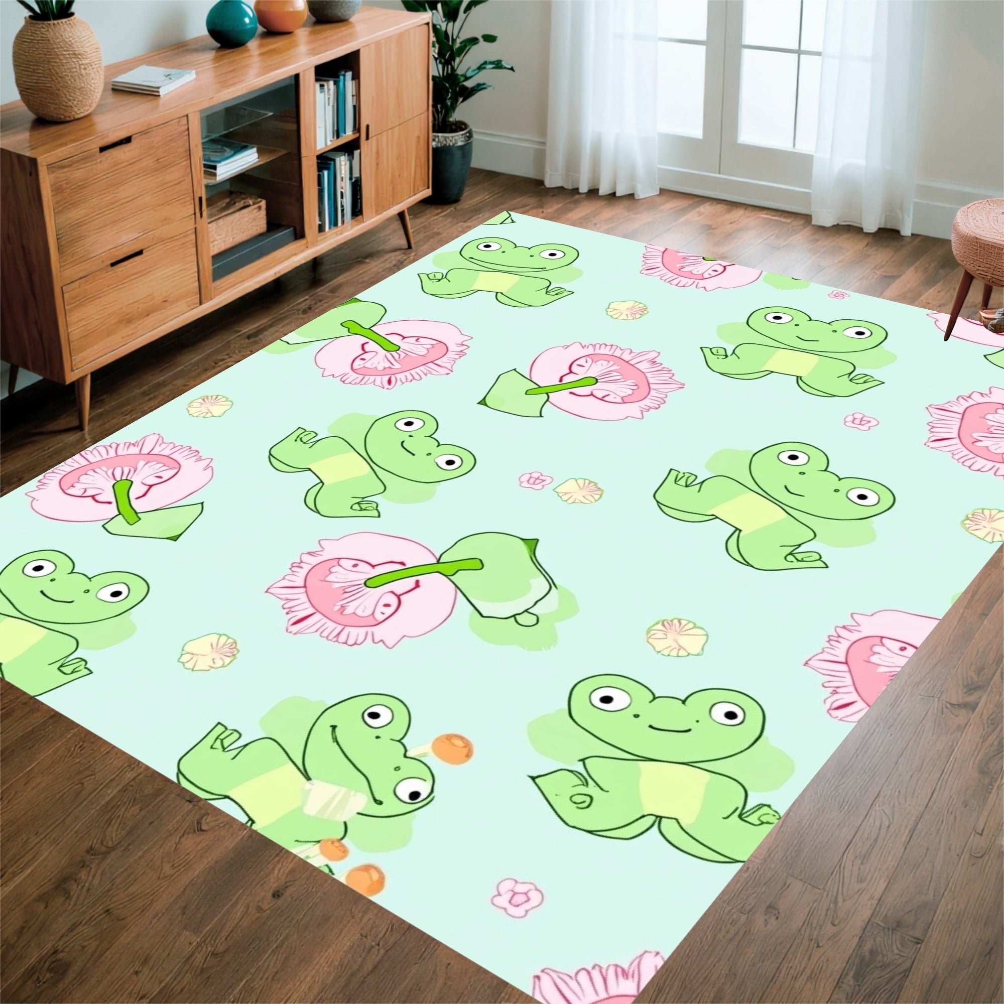 Flatwoven High Traffic Area Rug, Kawaii Frog & Lily Pad Patterned, Non ...