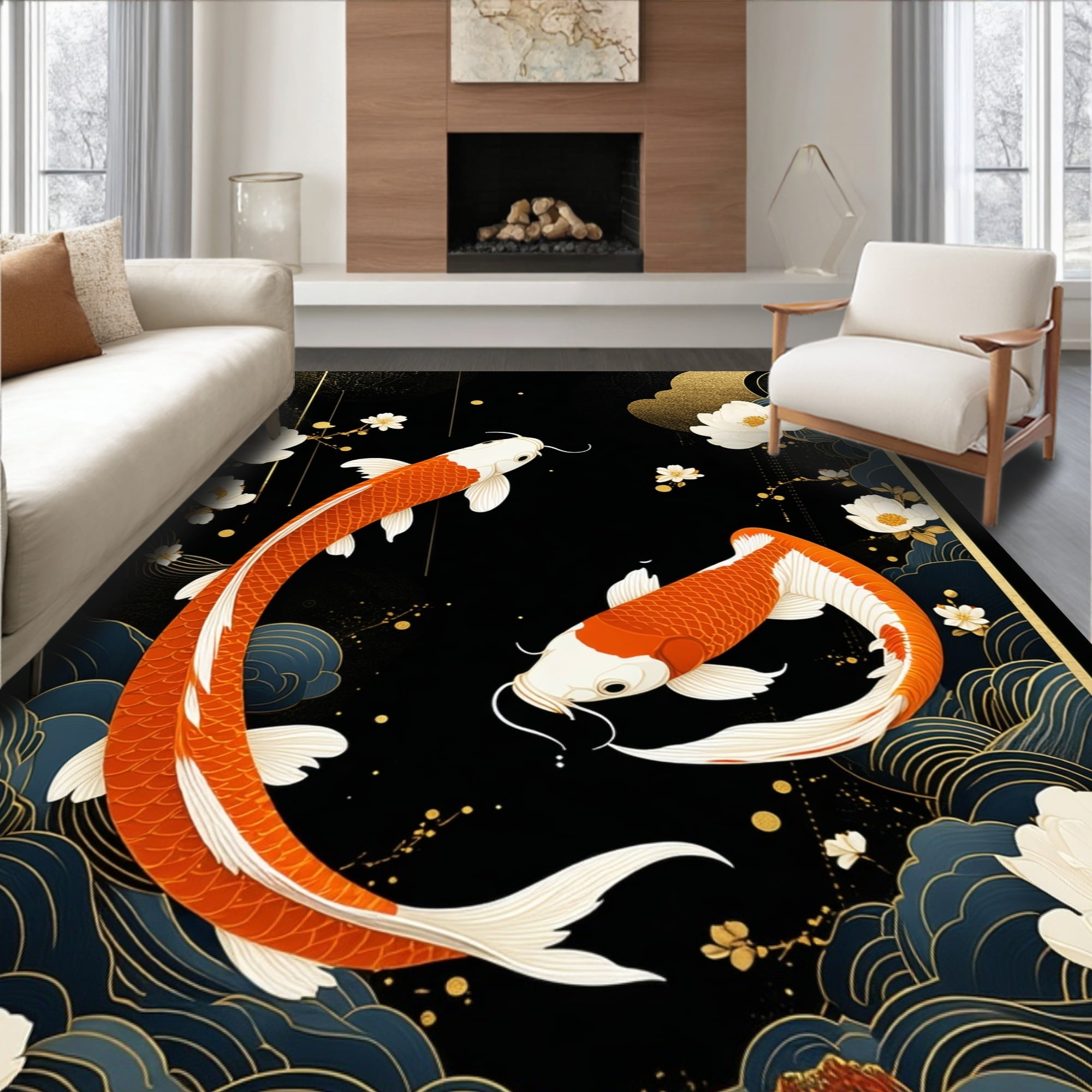 Flatwoven High Traffic Area Rug, Koi Fish Area Rug Intricate Design ...