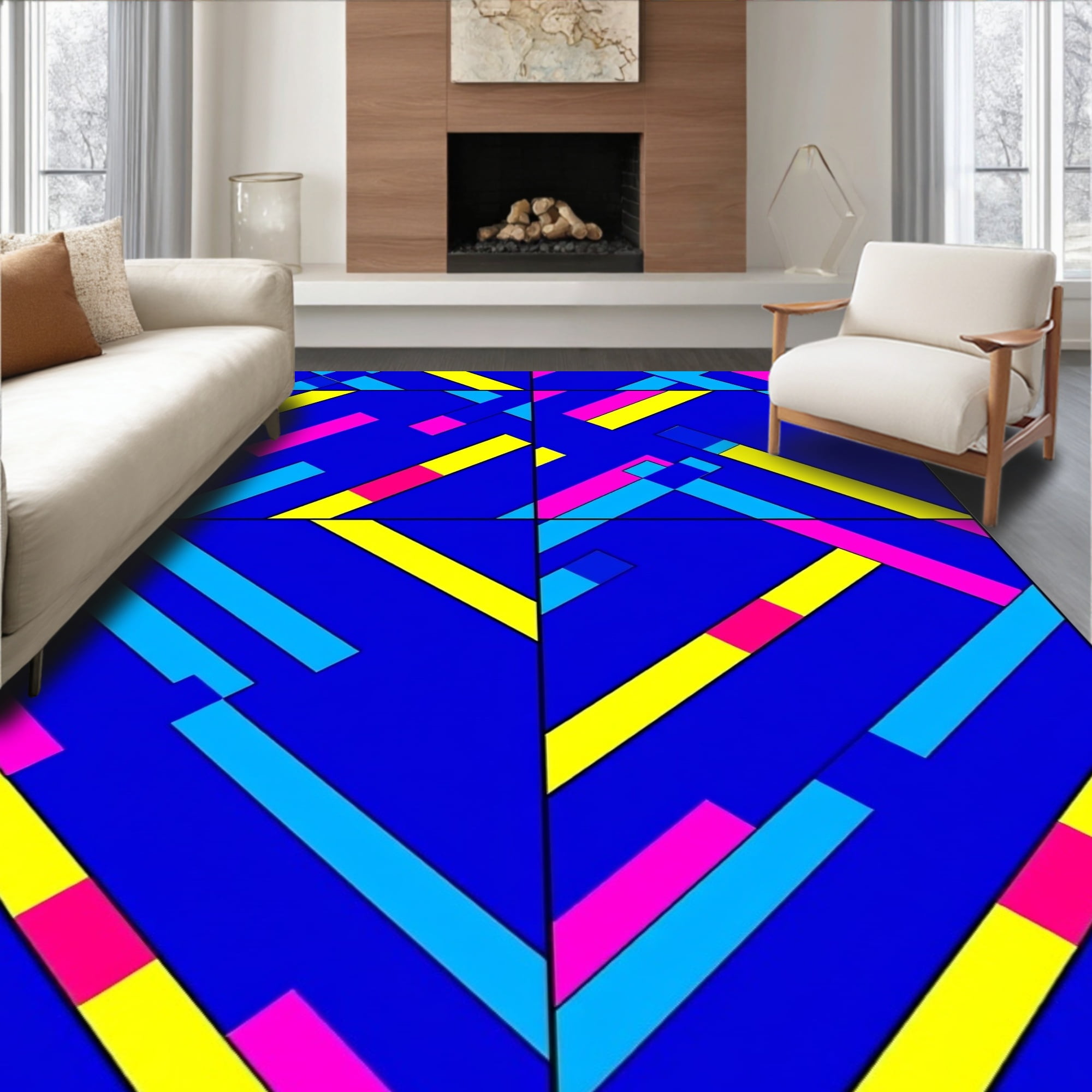 Flatwoven High Traffic Area Rug, Layered Indigo Chevron And Rainbow ...