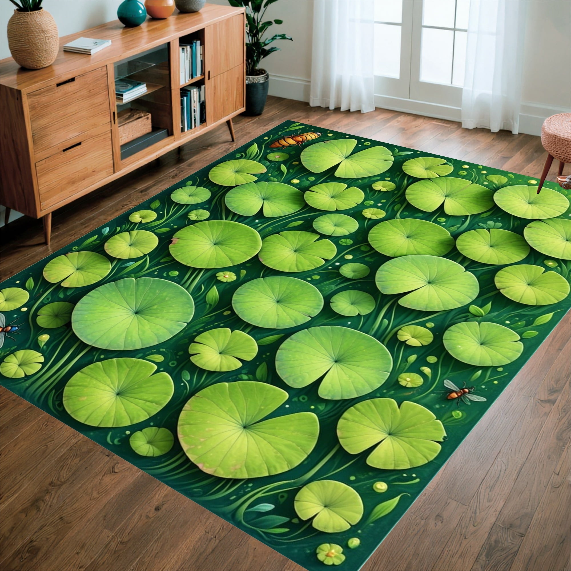 Flatwoven High Traffic Area Rug, Lily Pad Inspired with Playful Insect ...
