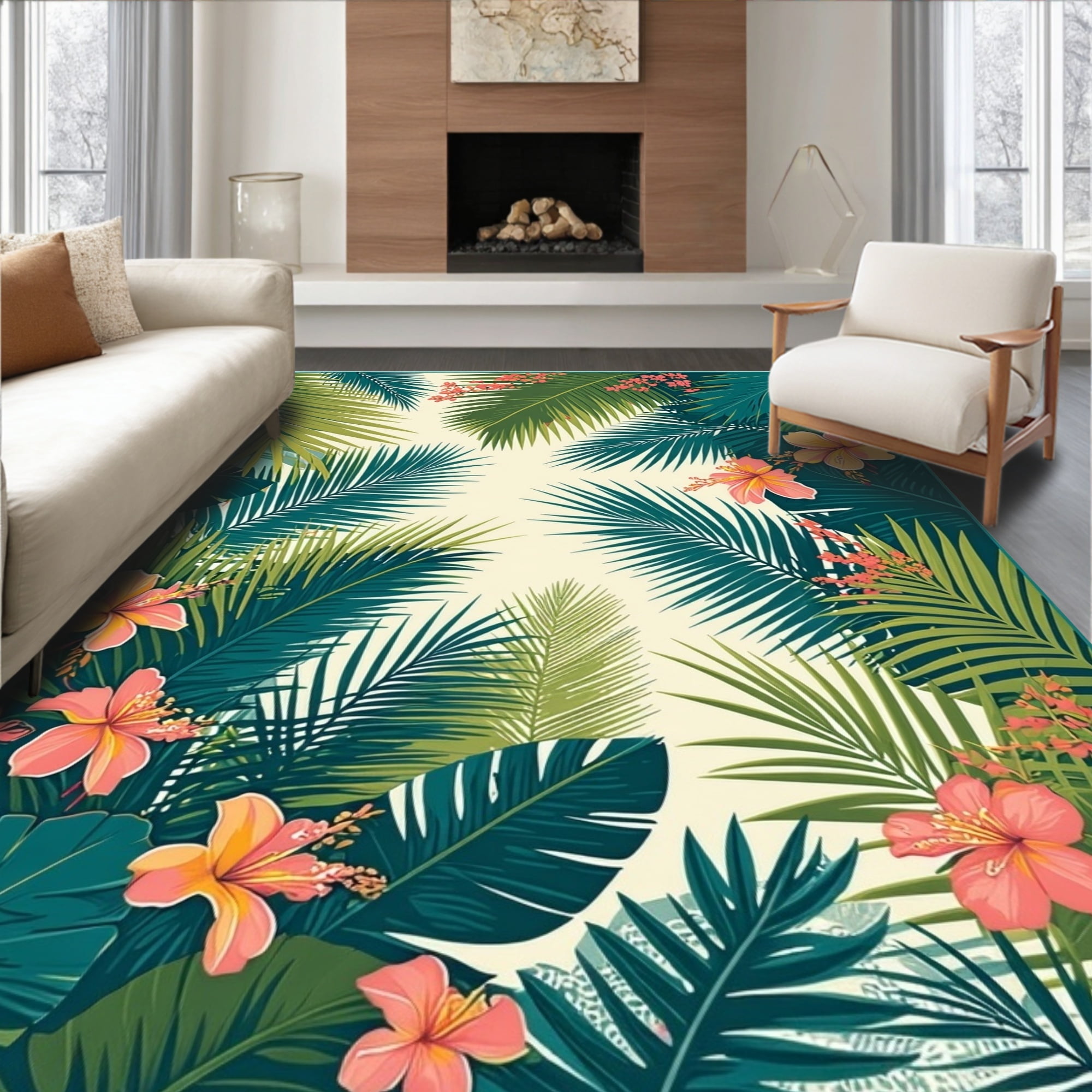 Flatwoven High Traffic Area Rug, Lively Rainforest Design with Tropical ...