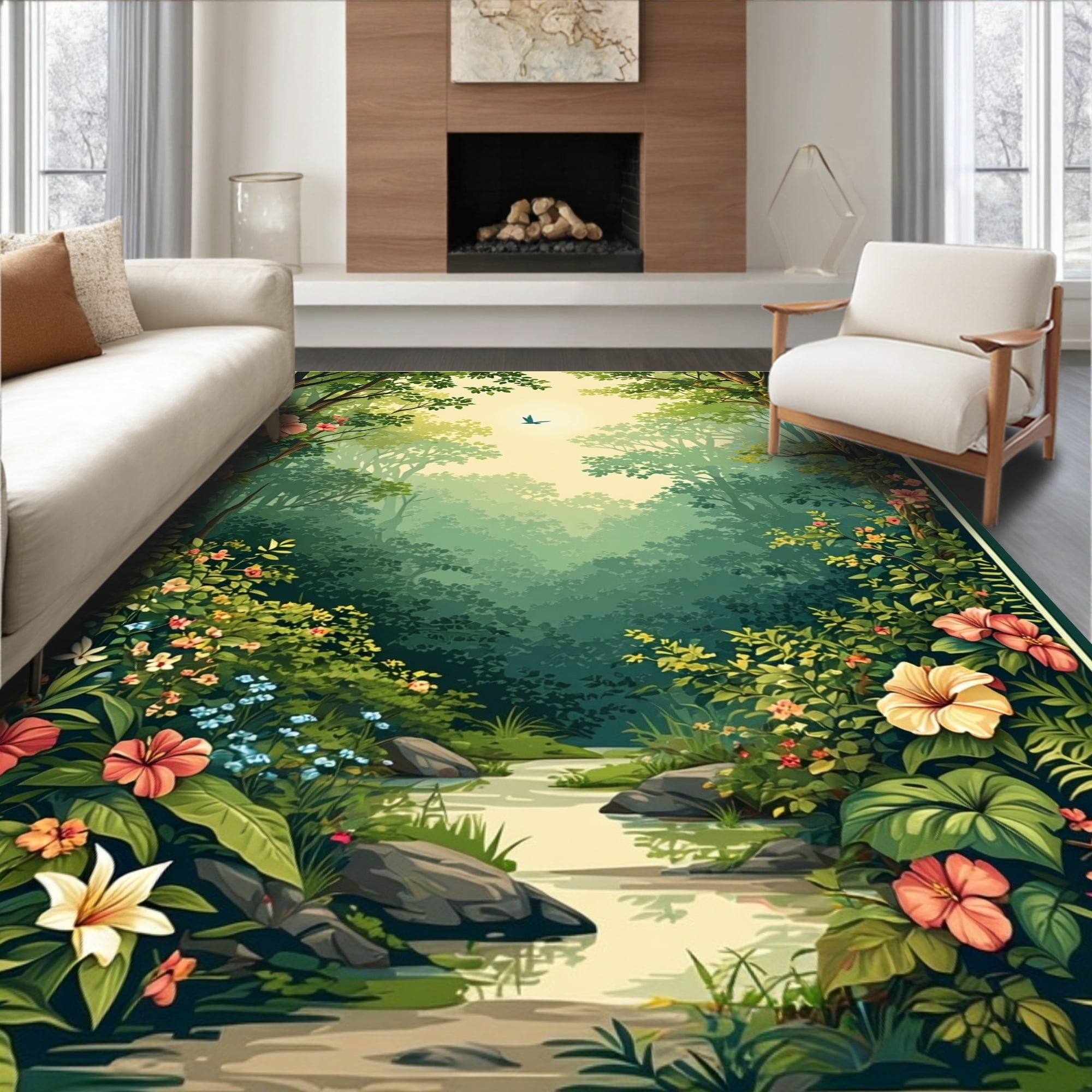 Flatwoven High Traffic Area Rug, Lush Botanical Garden with Exotic ...