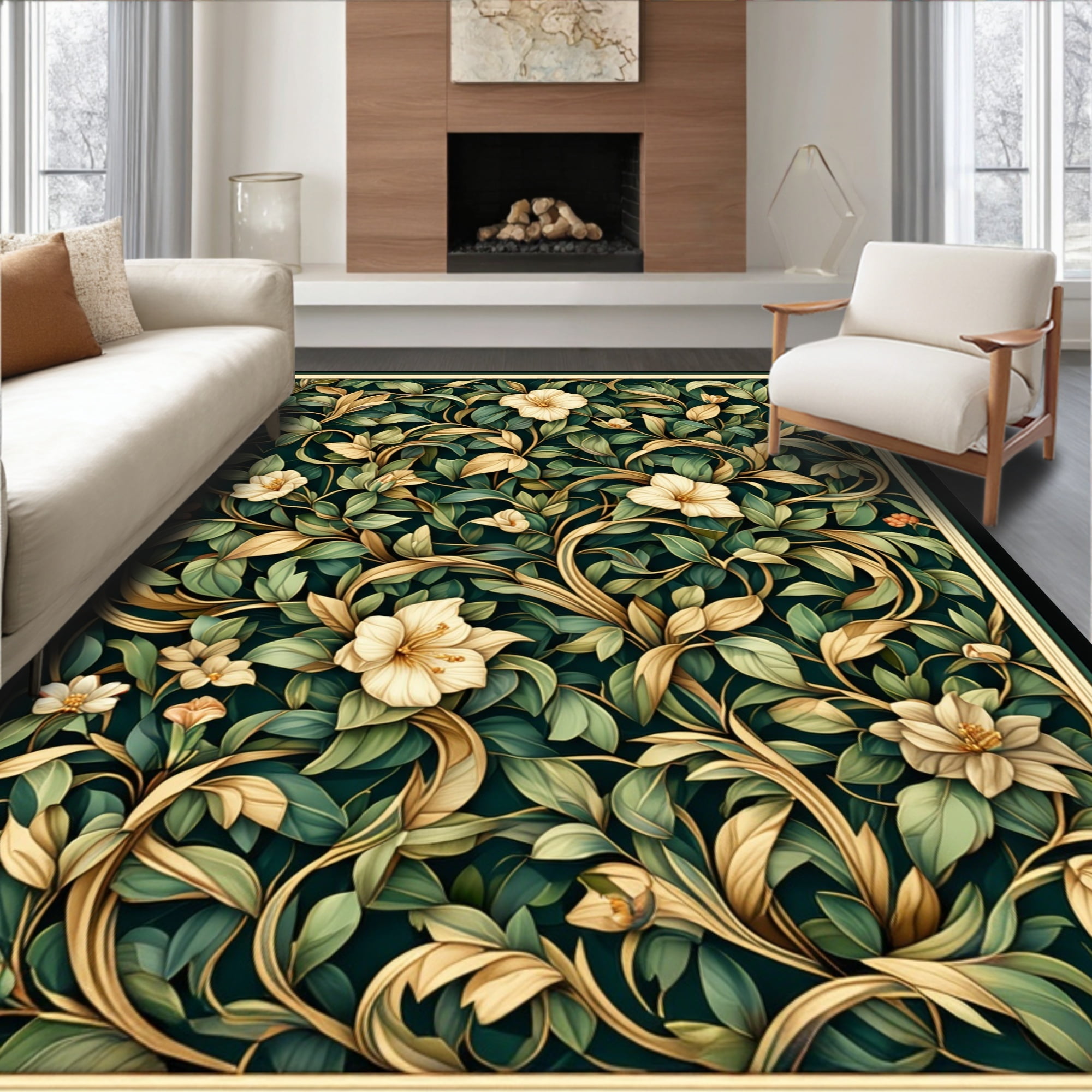 Flatwoven High Traffic Area Rug, Lush Botanical Motif Area with ...
