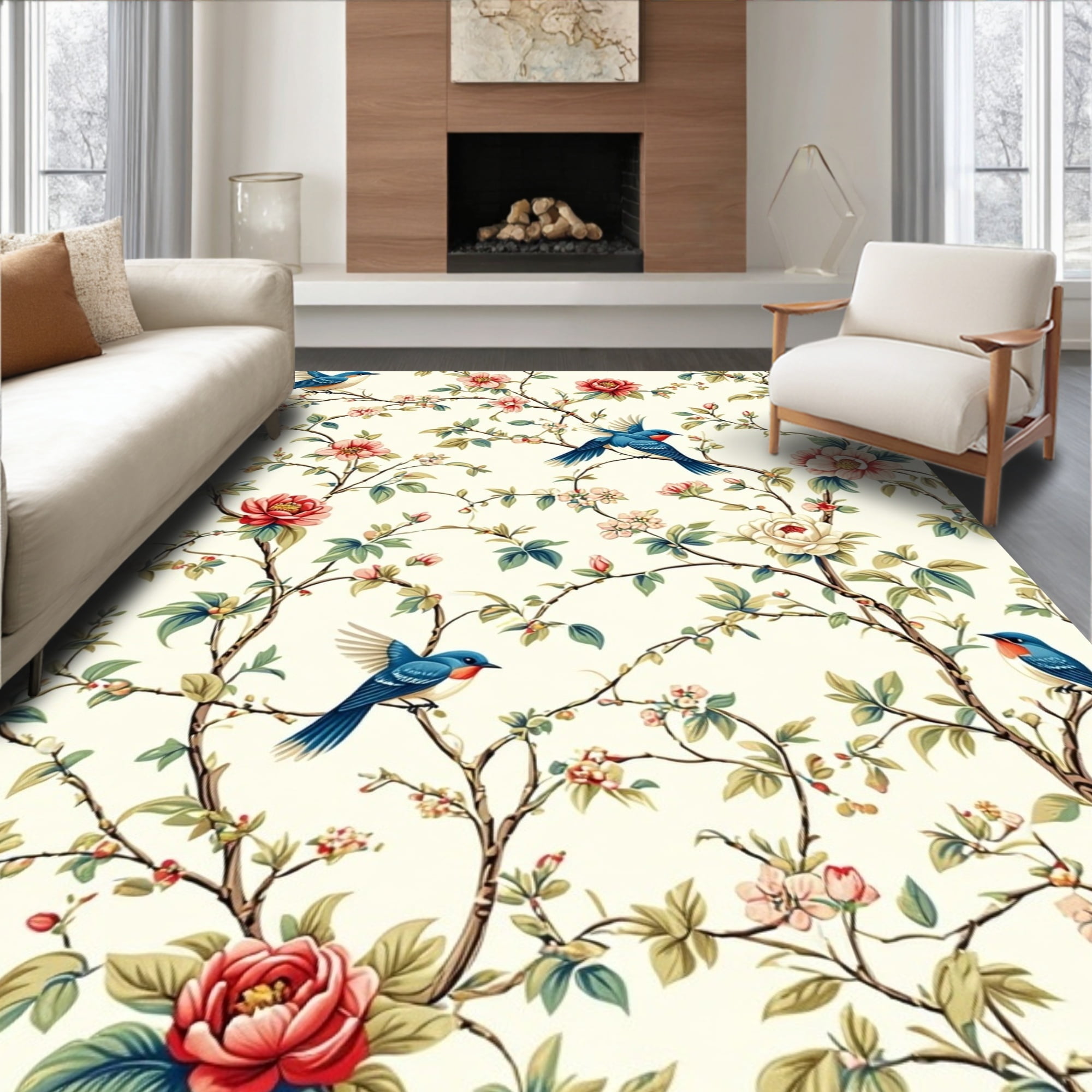 Flatwoven High Traffic Area Rug, Lush Floral Arrangement with Bird ...