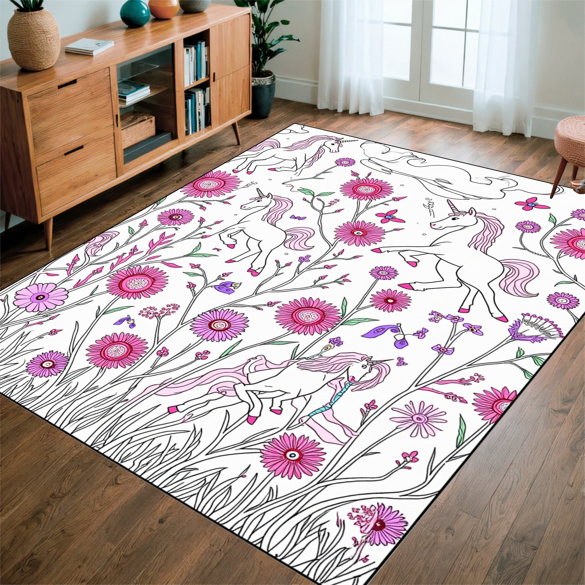 Flatwoven High Traffic Area Rug, Magical Meadow Unicorn Frolic With ...