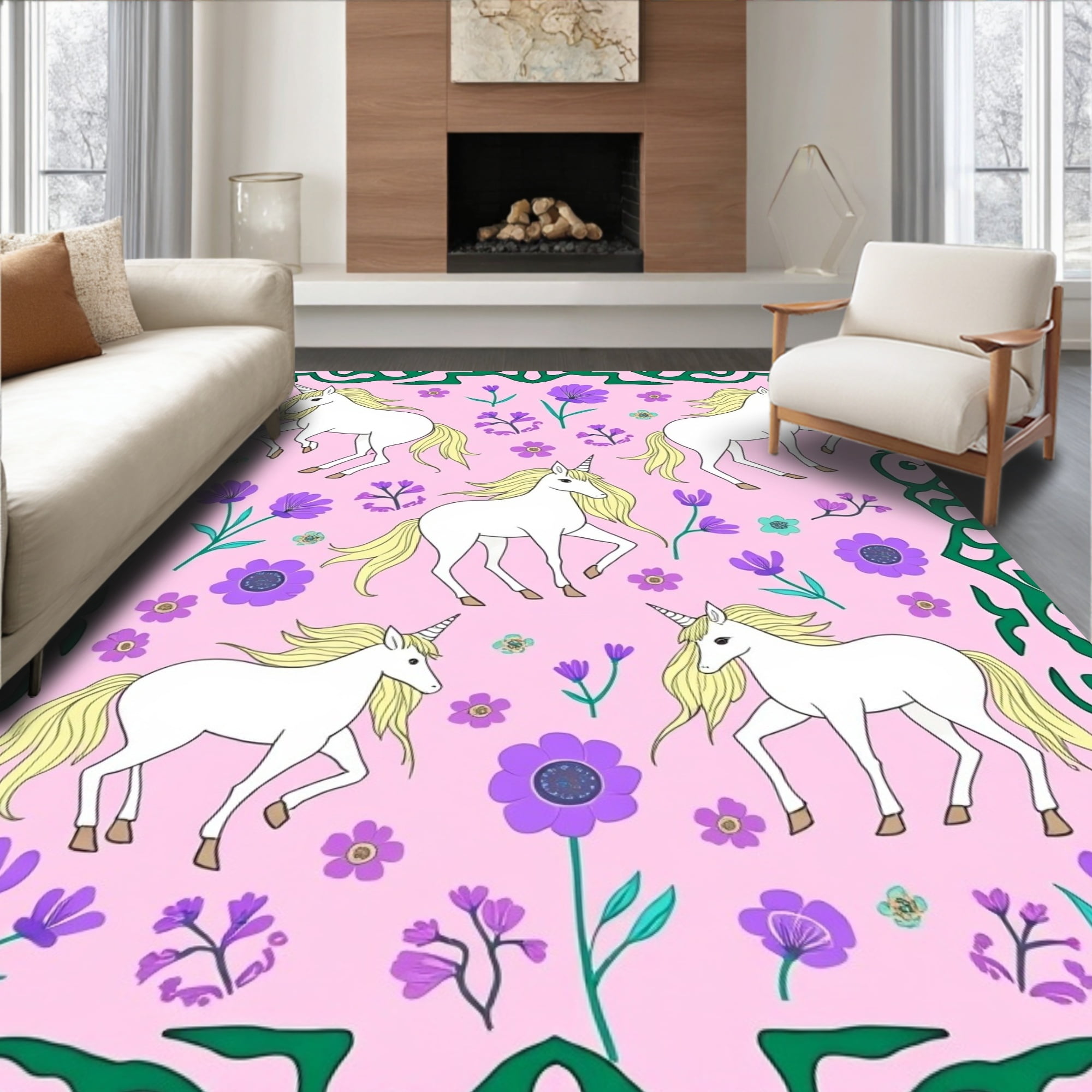 Flatwoven High Traffic Area Rug, Magical Prancing Unicorn Meadow with ...