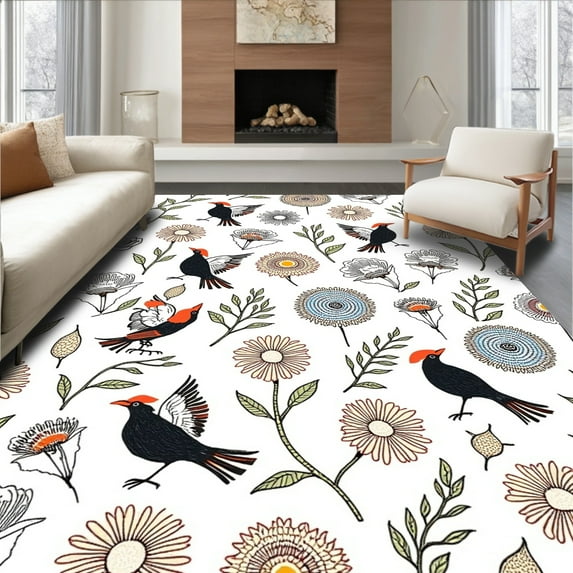 Flatwoven High Traffic Area Rug, Magpie Songbird Tapestry with Lush ...