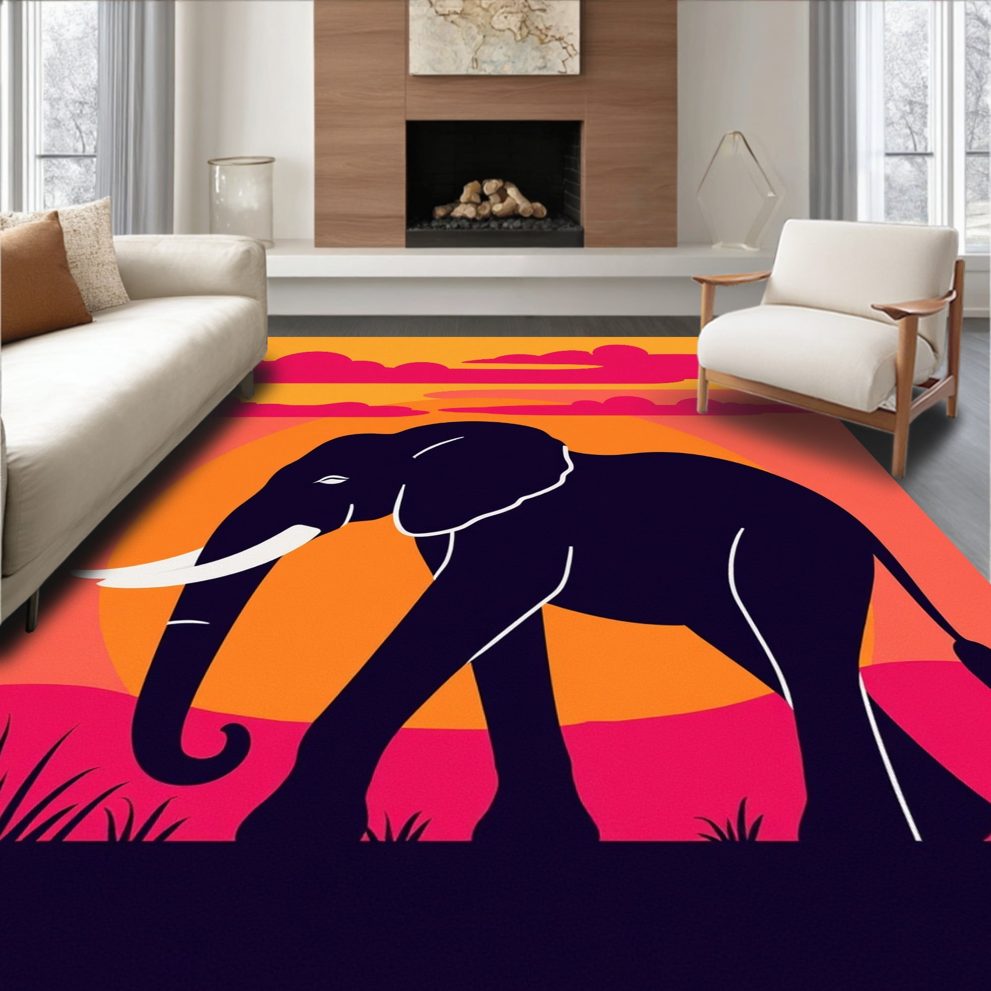 Flatwoven High Traffic Area Rug, Majestic Elephant Silhouette Against ...