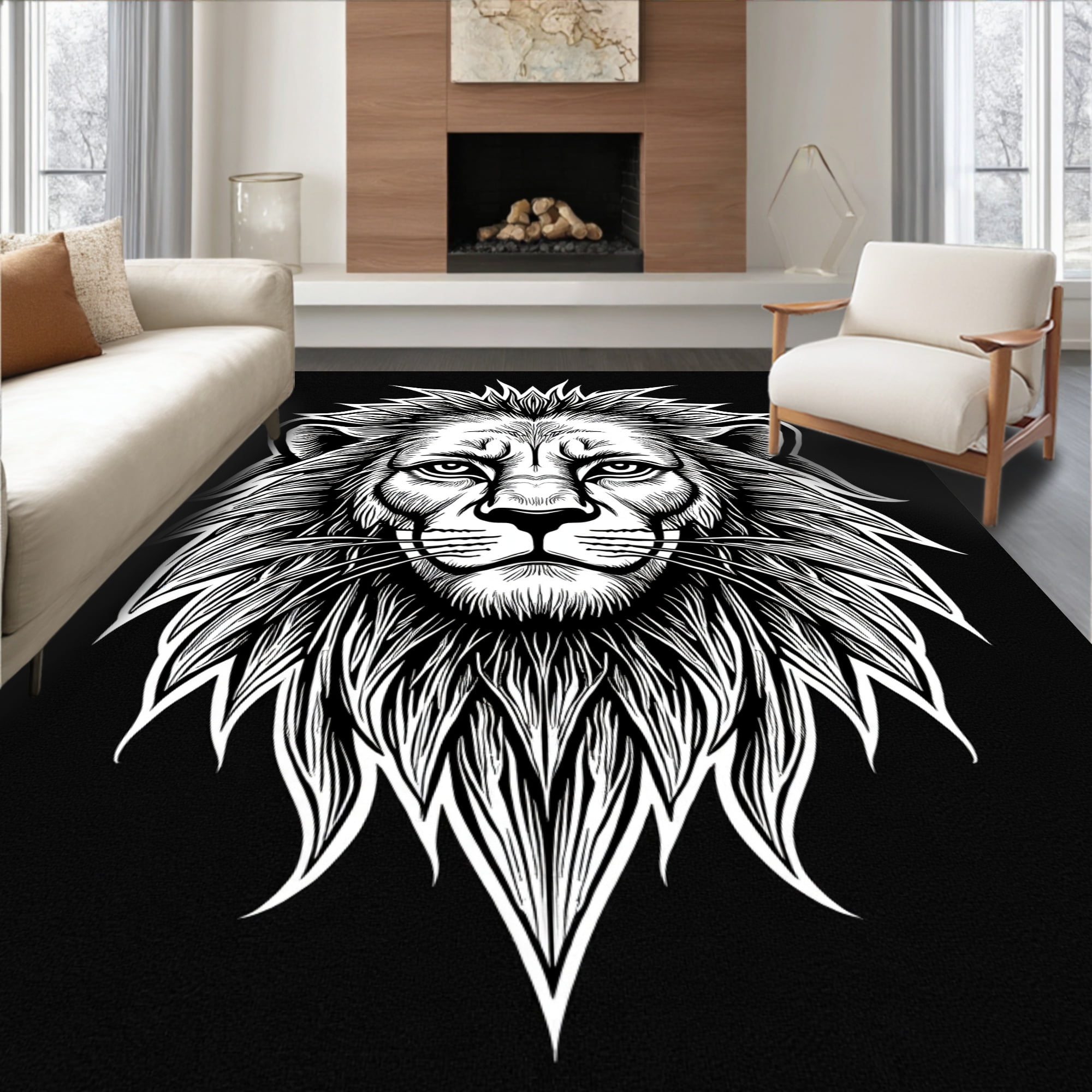 Flatwoven High Traffic Area Rug, Majestic Lion Head Art Dark Graphic ...