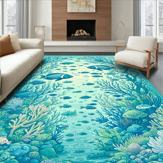 Flatwoven High Traffic Area Rug, Marine Life Motif with Aqua and ...
