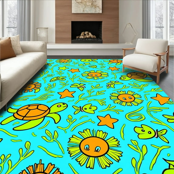 Flatwoven High Traffic Area Rug, Marine Mosaic Undersea Creature ...