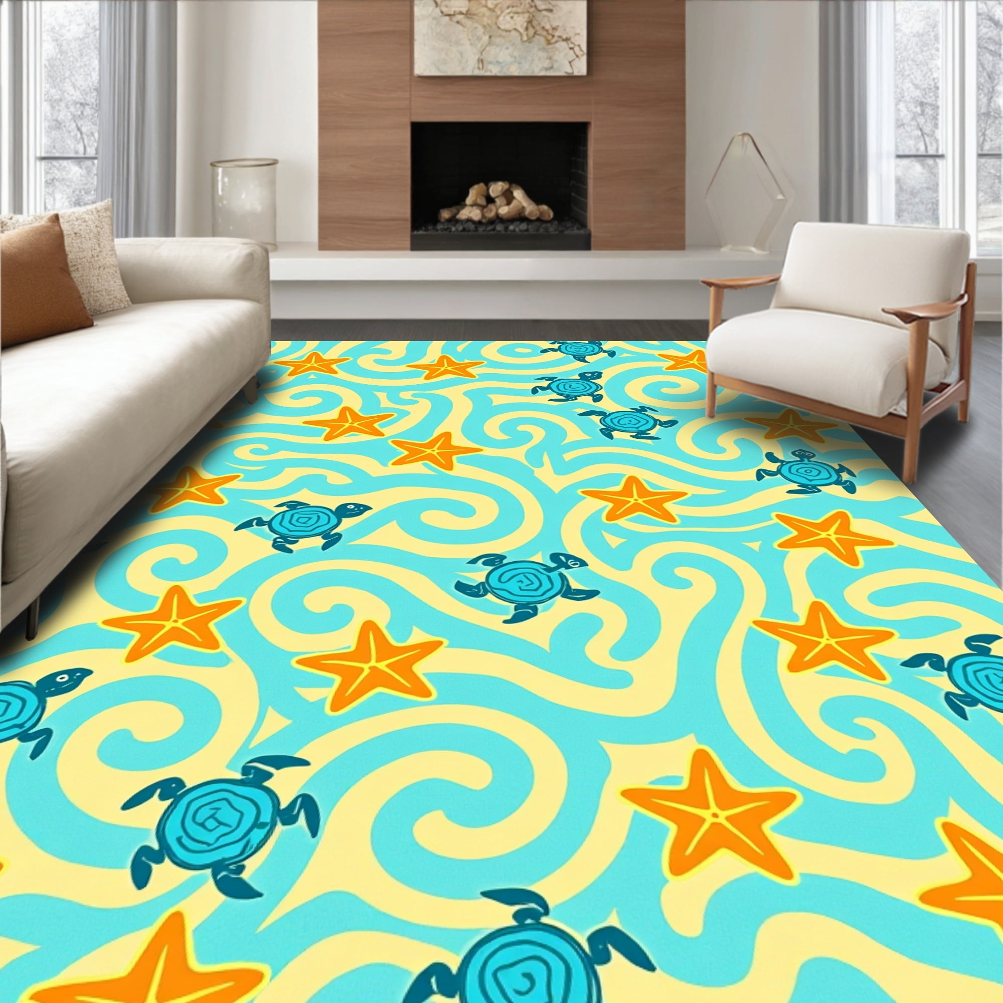 Flatwoven High Traffic Area Rug, Marine Turtle Parade with Interlocking ...