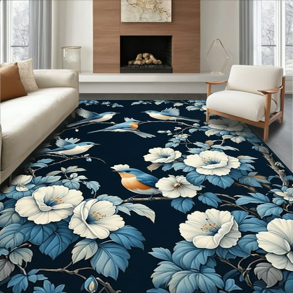 Flatwoven High Traffic Area Rug, Midnight Aviary Botanical Decorative ...
