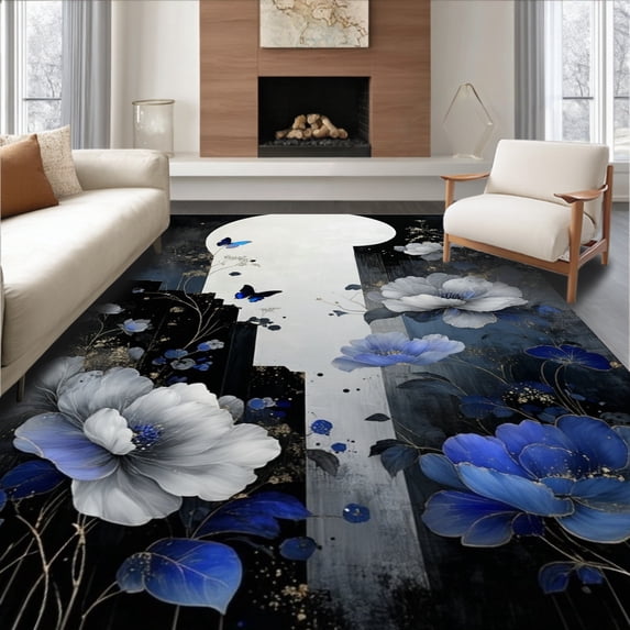 ODIKA 4'x6' Machine Washable Non-Slip Area Rug, Midnight Bloom Black ...