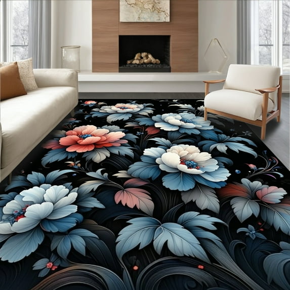 Flatwoven High Traffic Area Rug, Midnight Bloom Dark Floral Art, Non ...