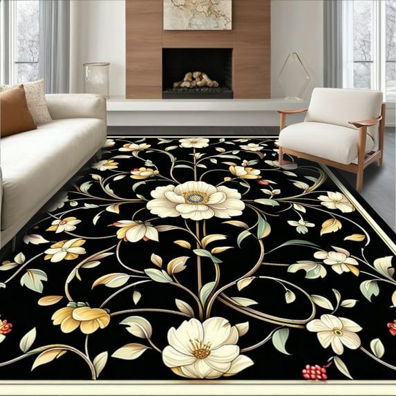 Flatwoven High Traffic Area Rug, Midnight Bloom Floral Medallion, Non ...