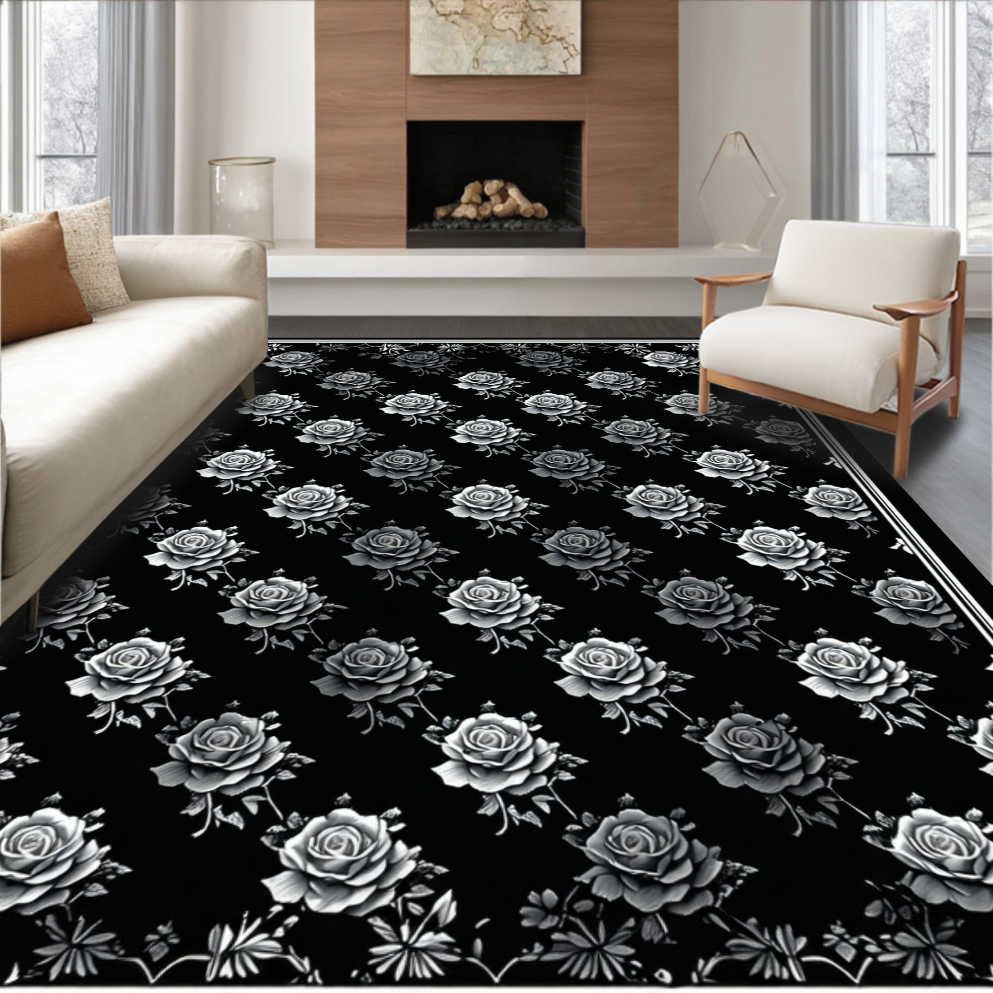 Flatwoven High Traffic Area Rug, Midnight Bloom Gothic Floral Patterned ...