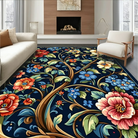 ODIKA 5'x7' Machine Washable Non-Slip Area Rug, Midnight Garden Floral ...