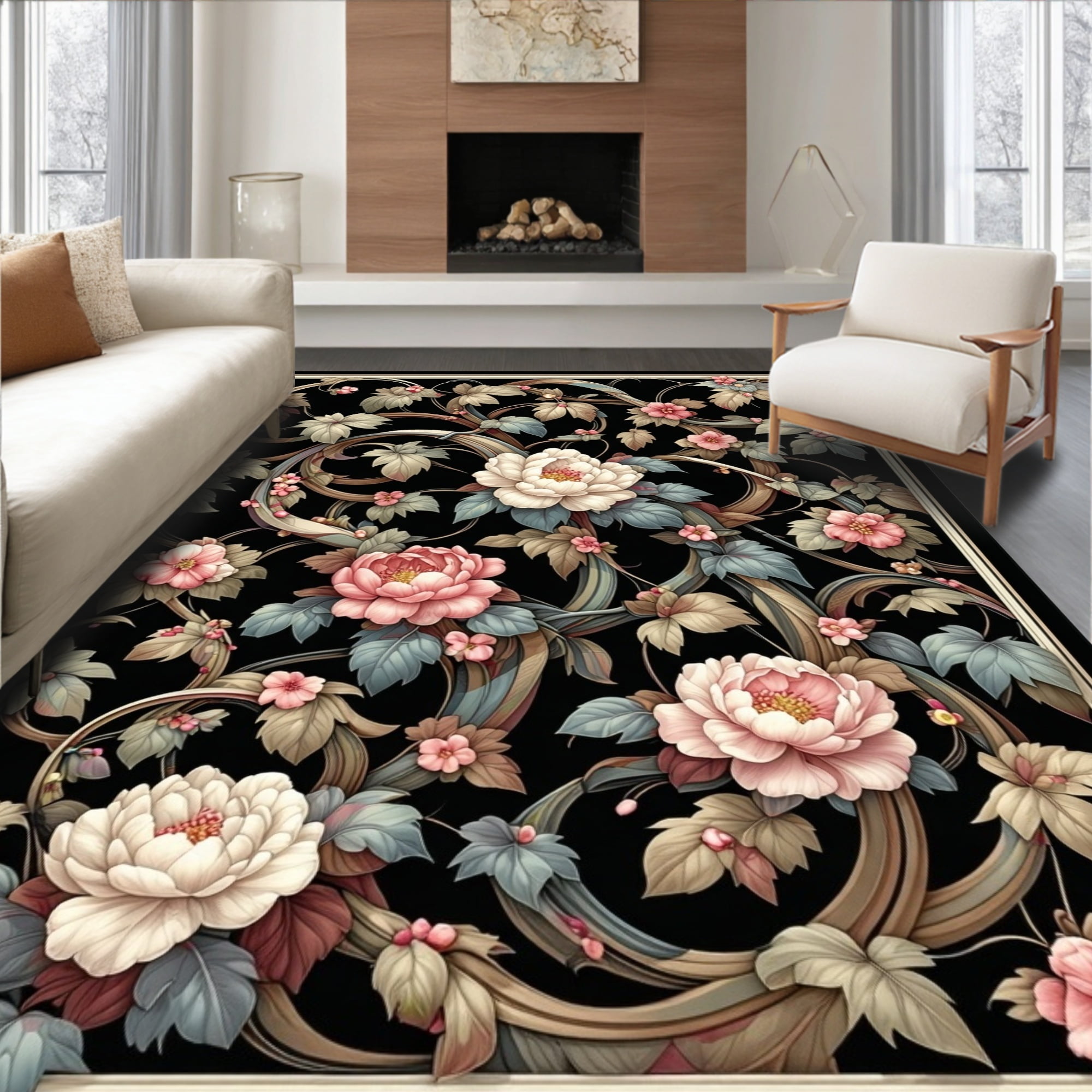 ODIKA 4'x6' Machine Washable Non-Slip Area Rug, Midnight Garden Floral ...