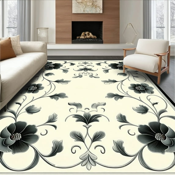 ODIKA 3'x5' Machine Washable Non-Slip Area Rug, Midnight Garden Floral ...