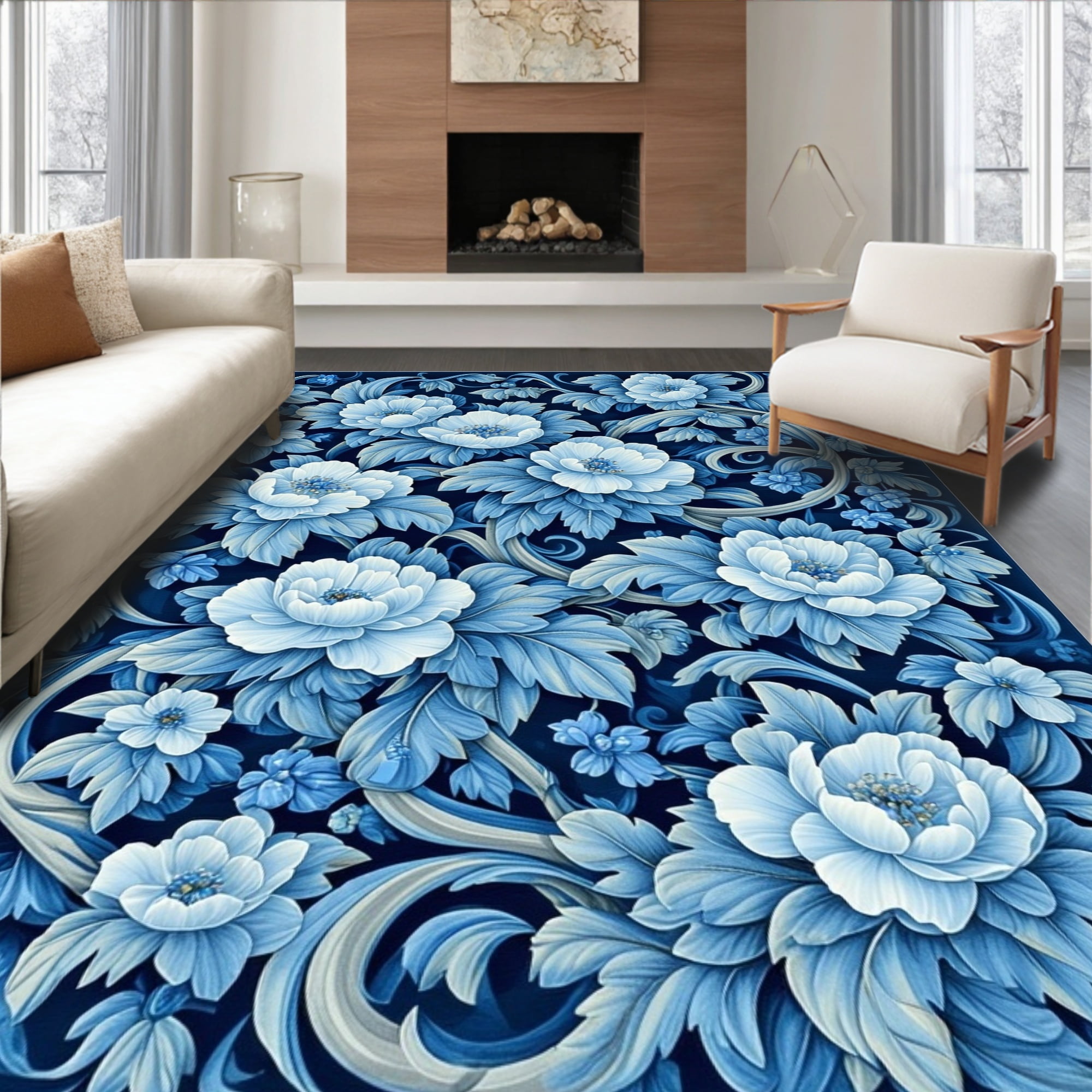 Flatwoven High Traffic Area Rug, Modern Floral Motif with Elegant Blue ...