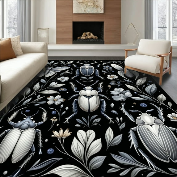 Flatwoven High Traffic Area Rug, Modern Insect Motif with Stylized ...