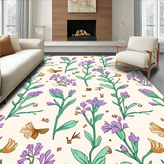 Flatwoven High Traffic Area Rug, Modern Meadow Flora with Fluttering ...