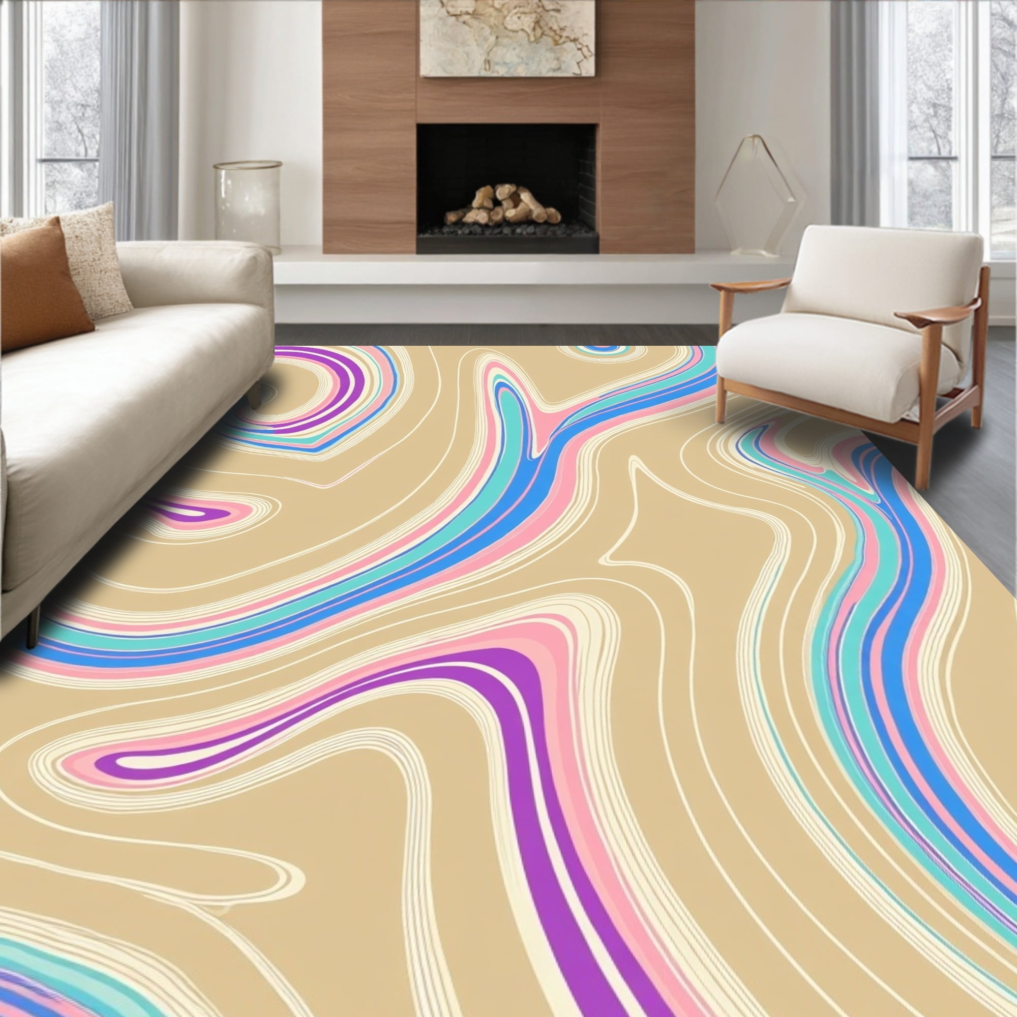 Flatwoven High Traffic Area Rug, Modern Rainbow Tan Stripe Wave Accent ...