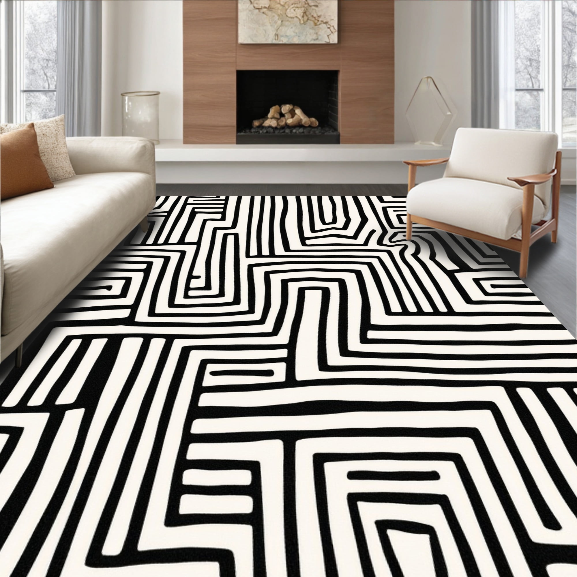 Flatwoven High Traffic Area Rug, Monochrome Abstract Maze with ...