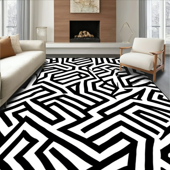 Flatwoven High Traffic Area Rug, Monochrome Maze Interlocking Labyrinth ...