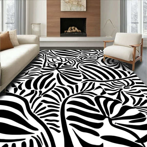 Flatwoven High Traffic Area Rug, Monochrome Zebra Stripe with Tropical ...