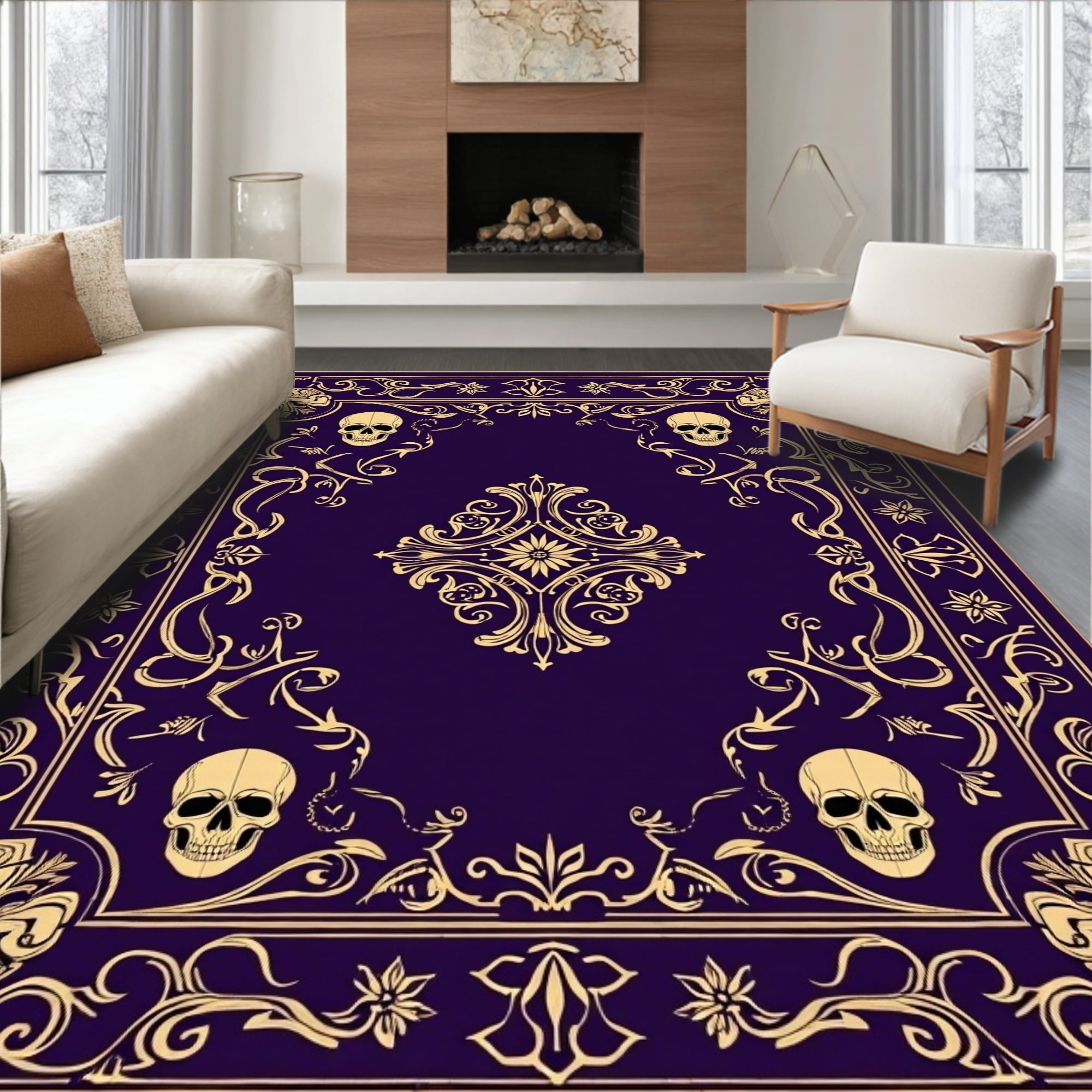ODIKA 4'x6' Machine Washable Non-Slip Area Rug, Mystic Gothic Skull and ...
