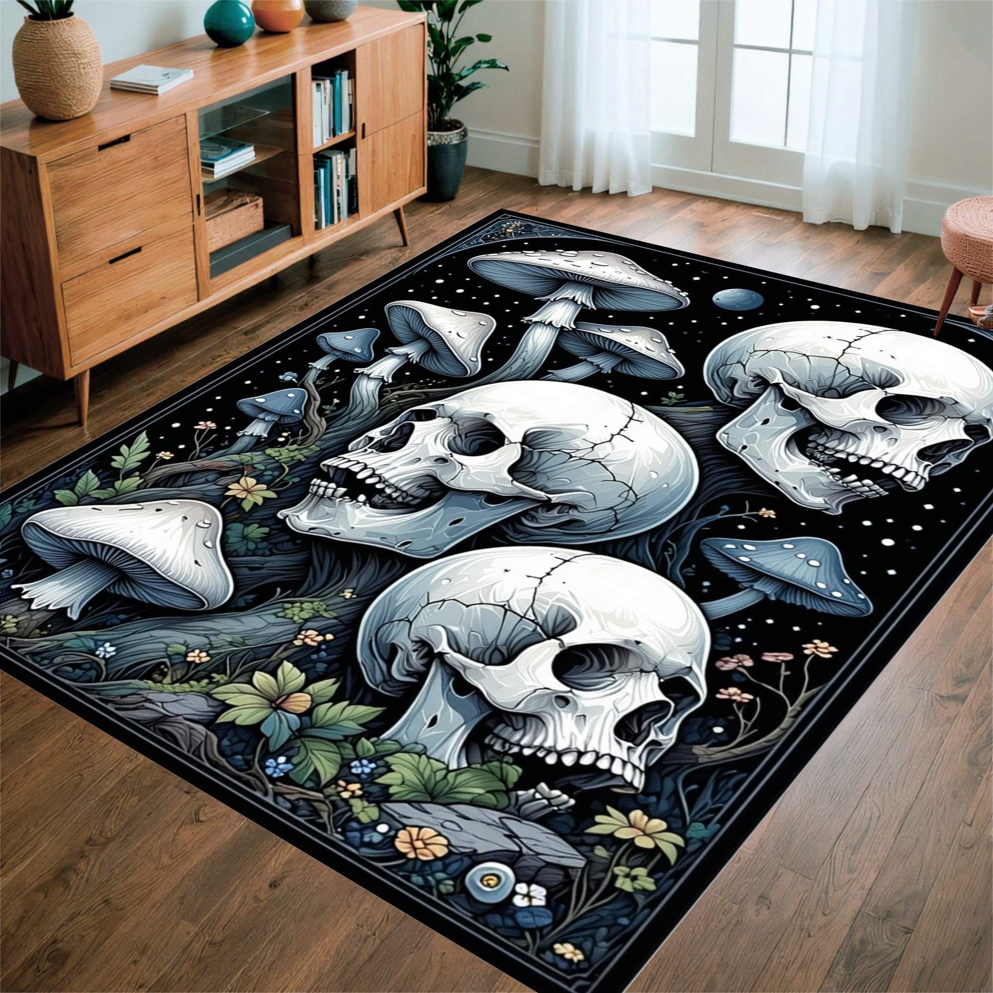 Flatwoven High Traffic Area Rug, Mystic Skull and Mushroom Circle with ...