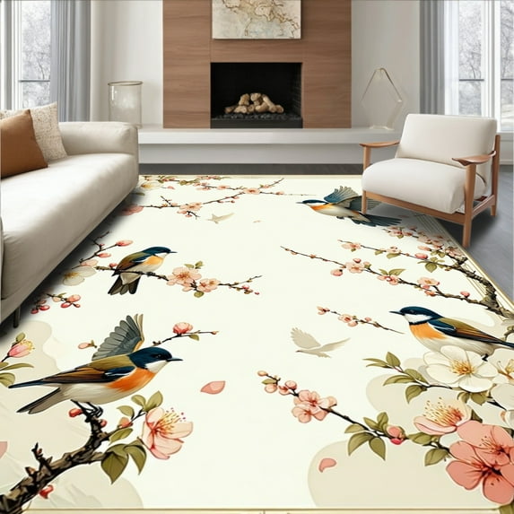 Flatwoven High Traffic Area Rug, Nature Inspired Circle Ivory Flora & Birdsong, Non Slip, Stain ...