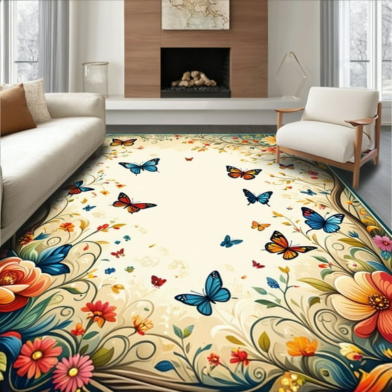 Flatwoven High Traffic Area Rug, Nature s Symphony Butterfly Motif ...