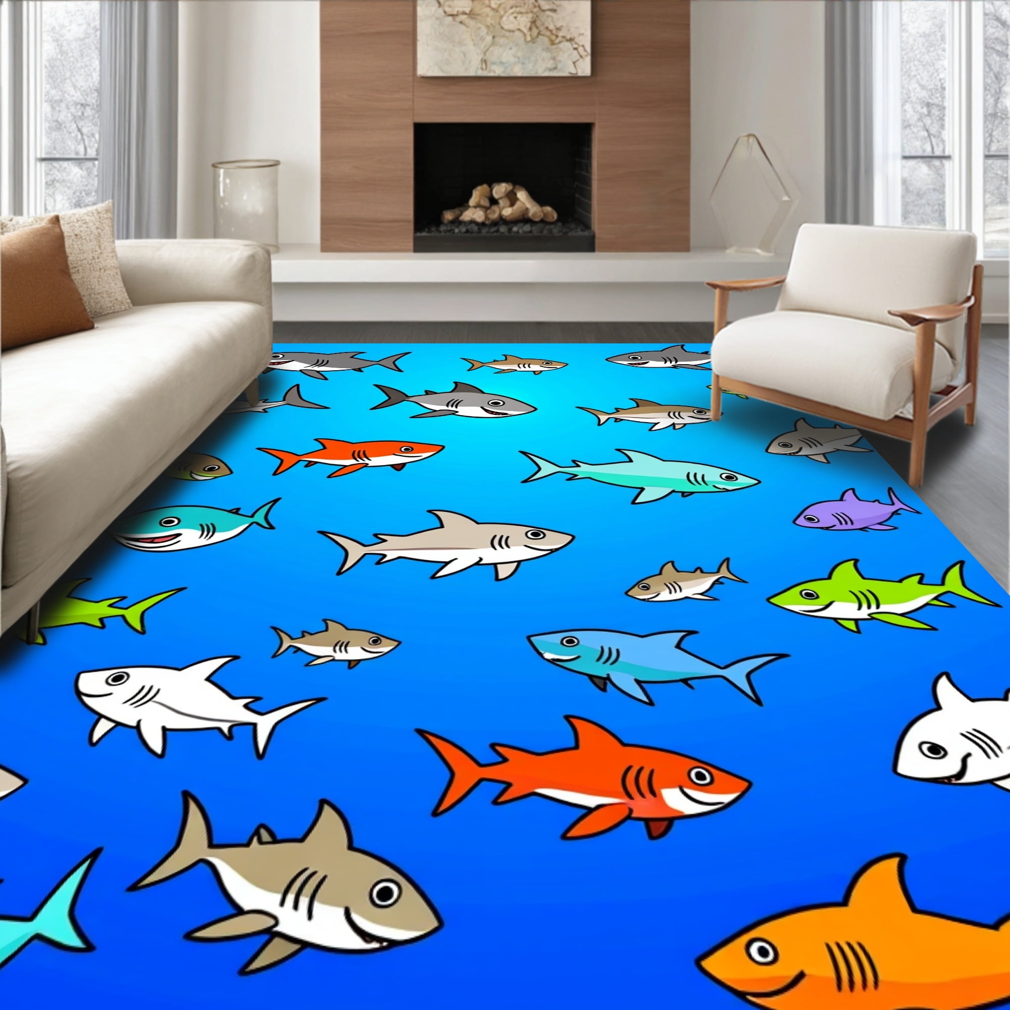 Flatwoven High Traffic Area Rug, Nautical Apex Predator Illustrated ...