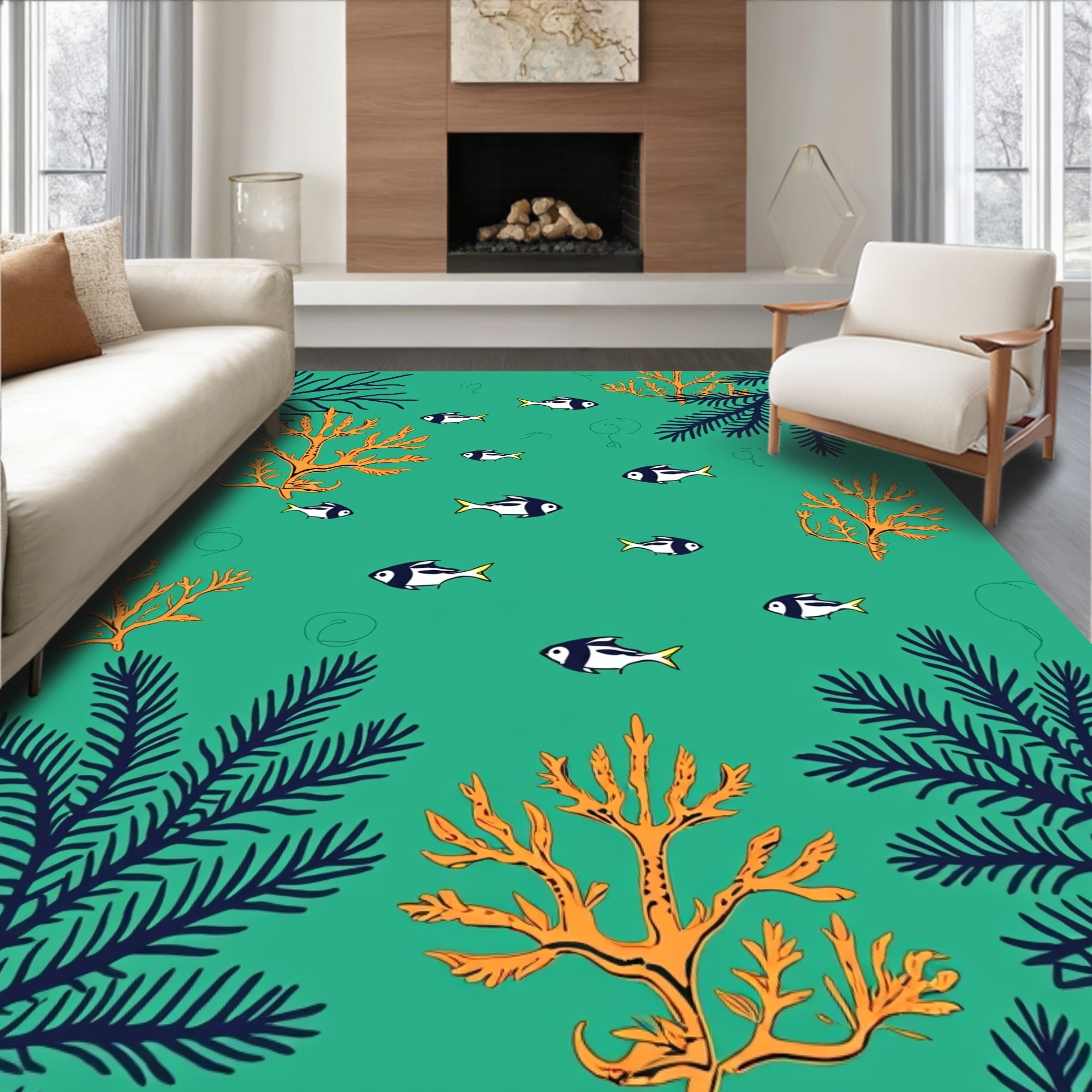 Flatwoven High Traffic Area Rug, Nautical Aquatic Life, Non Slip, Stain ...
