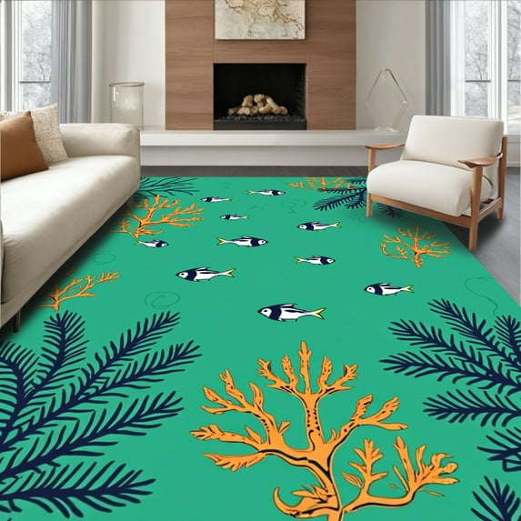 Flatwoven High Traffic Area Rug, Nautical Aquatic Life, Non Slip, Stain ...