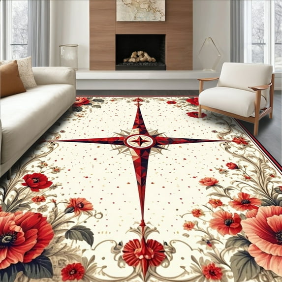 Flatwoven High Traffic Area Rug, Nautical Compass with Speckled ...