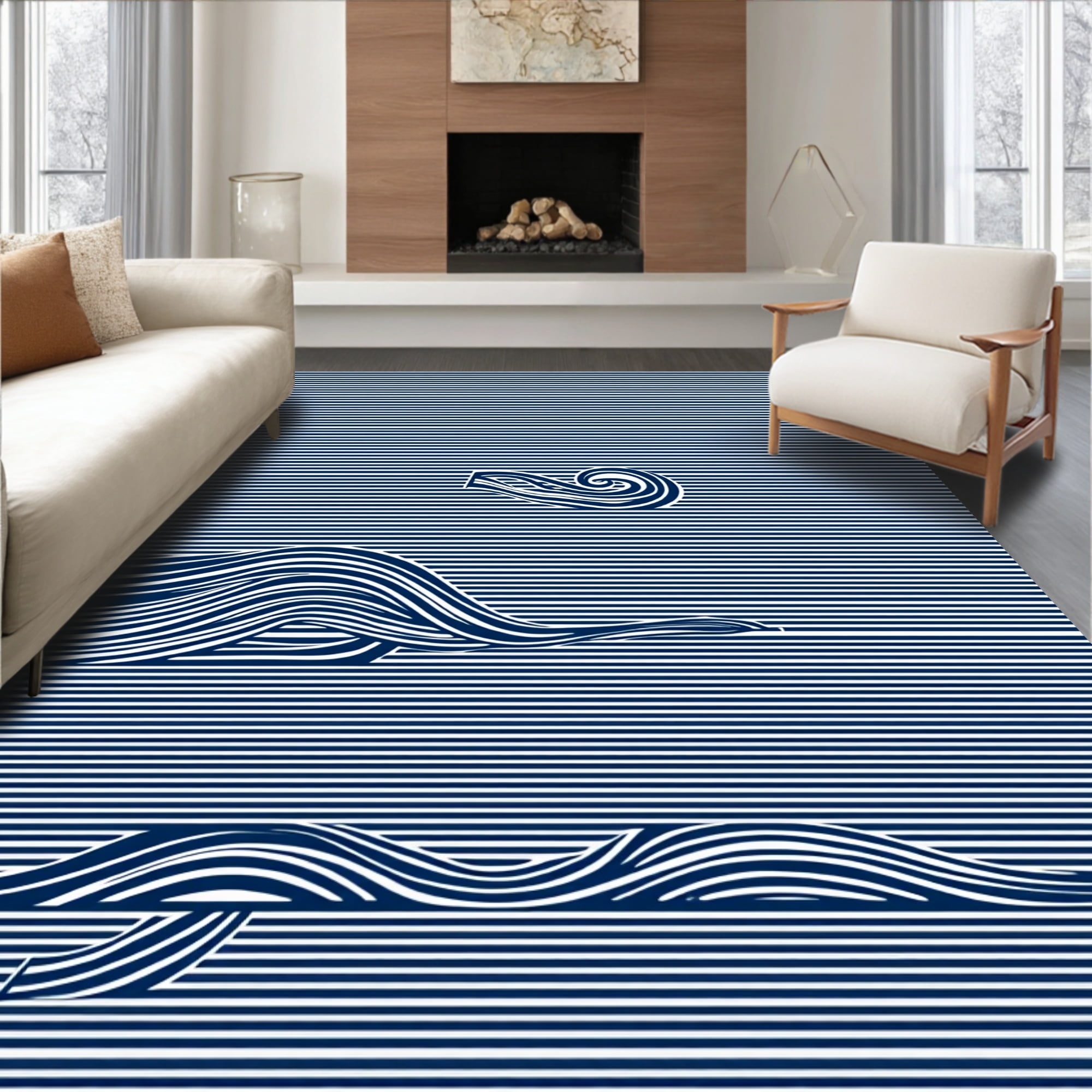 Flatwoven High Traffic Area Rug, Nautical Striped Wave Design, Non Slip ...