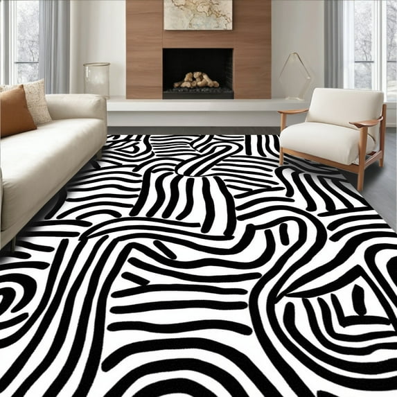 Flatwoven High Traffic Area Rug, Noir Safari Interlocking Zebra Stripe ...