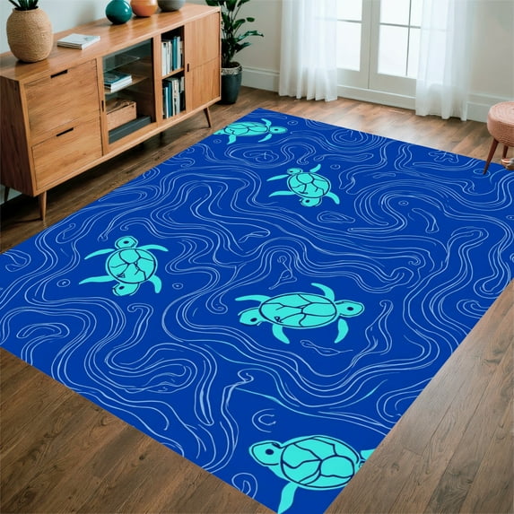 Flatwoven High Traffic Area Rug, Ocean Turtle Silhouettes with Flowing ...