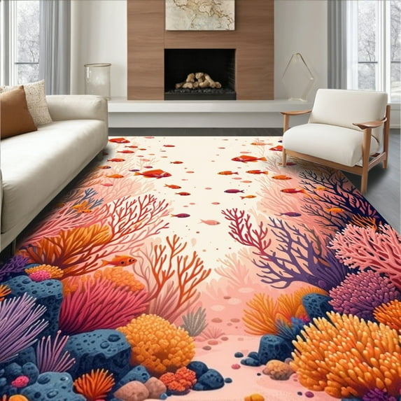 Flatwoven High Traffic Area Rug, Oceanic Coral Reef Abstract Design ...