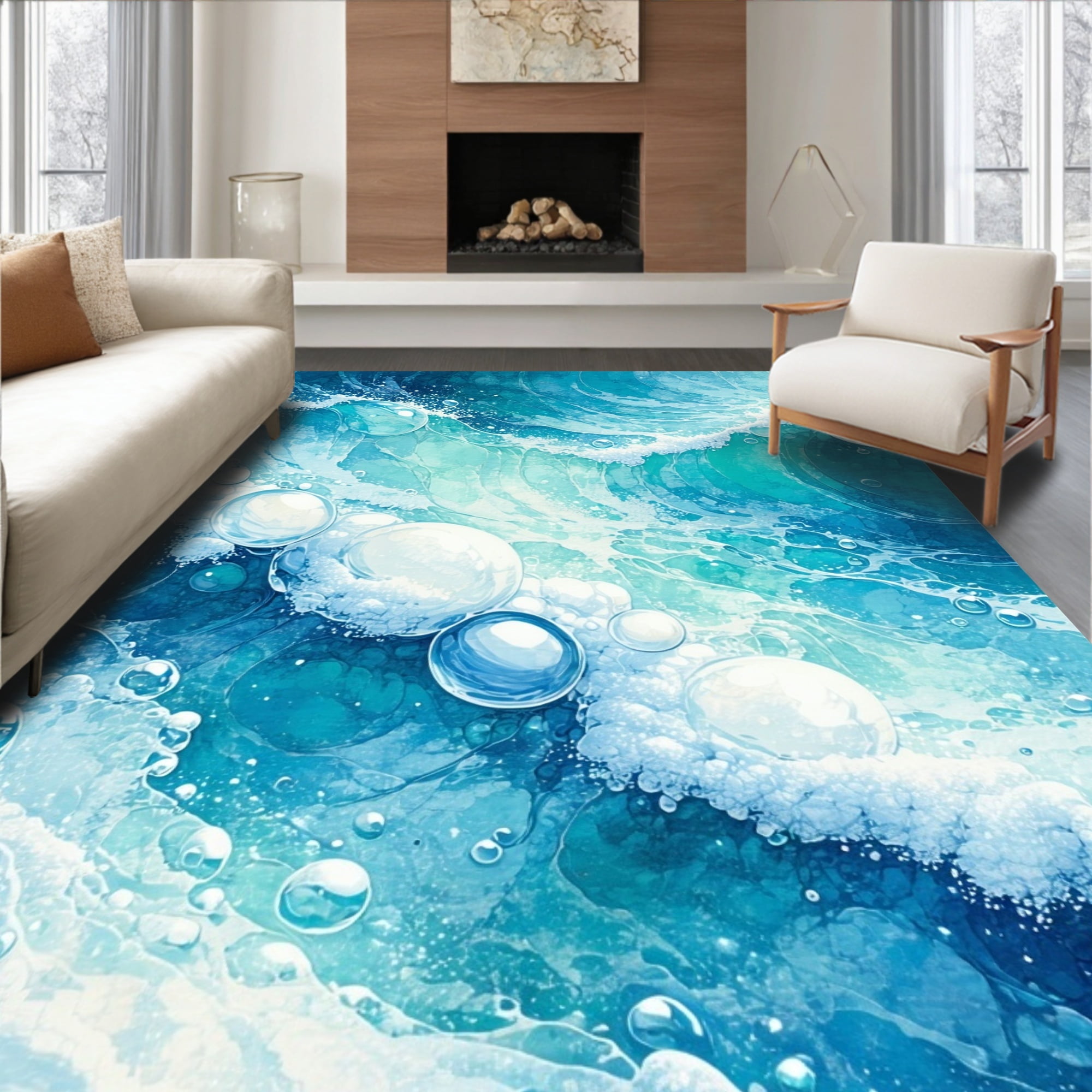Flatwoven High Traffic Area Rug, Oceanic Foam Textured Bubbles Motif ...
