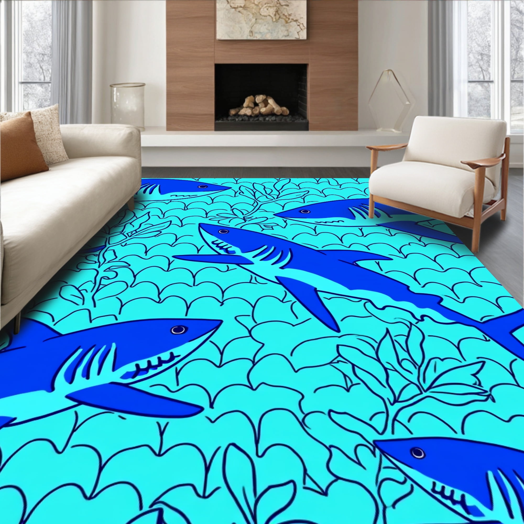 ODIKA 8' Machine Washable Non-Slip Area Rug, Oceanic Life Sea Creatures ...