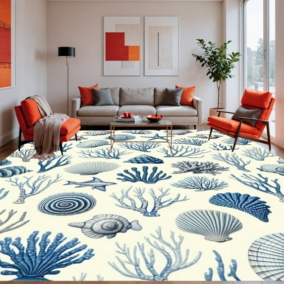 Flatwoven High Traffic Area Rug, Oceanic Shell and Coral Silhouette ...