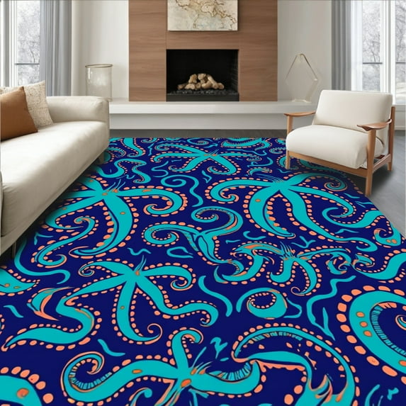 Flatwoven High Traffic Area Rug, Oceanic Tentacle Motif with Curving ...