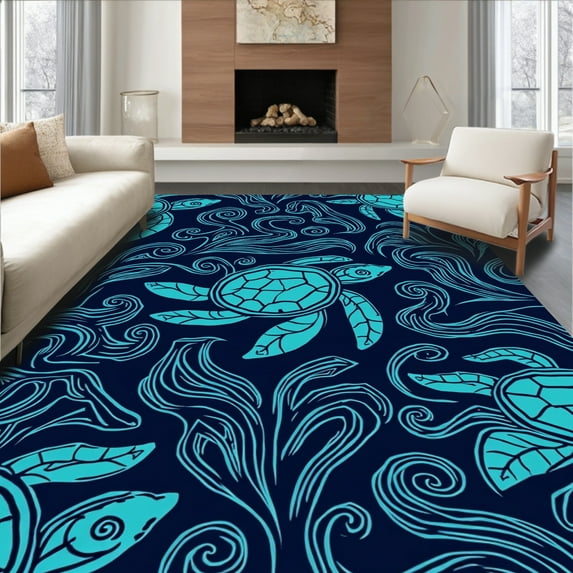 Flatwoven High Traffic Area Rug, Oceanic Turtle Motif Woven Floor Art ...
